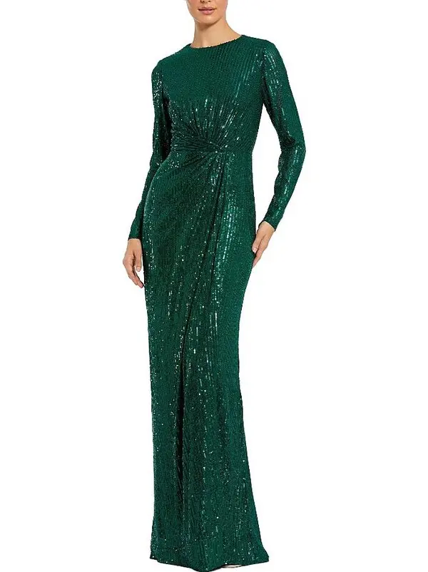 Mac Duggal Sequined Long Sleeve Side Knot Gown - Emerald