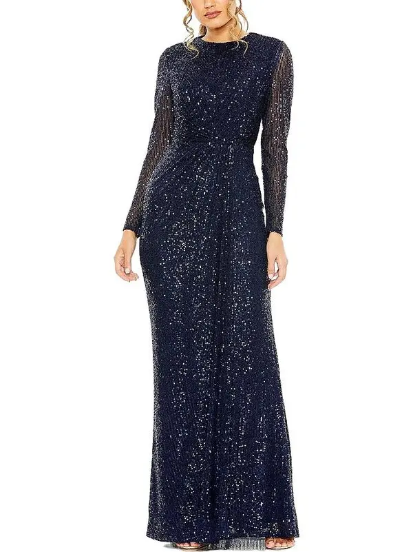 Mac Duggal Sequined Long Sleeve Side Knot Gown - Midnight