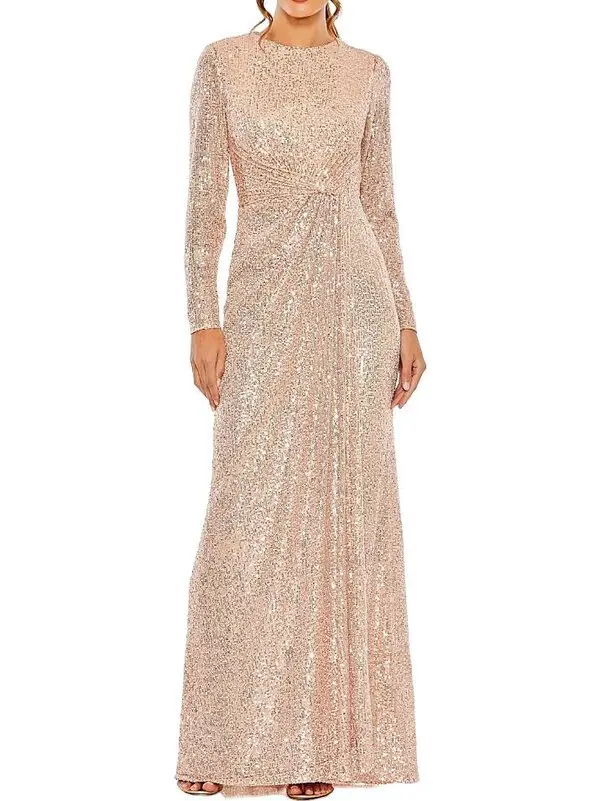 Mac Duggal Sequined Long Sleeve Side Knot Gown - Rose Gold