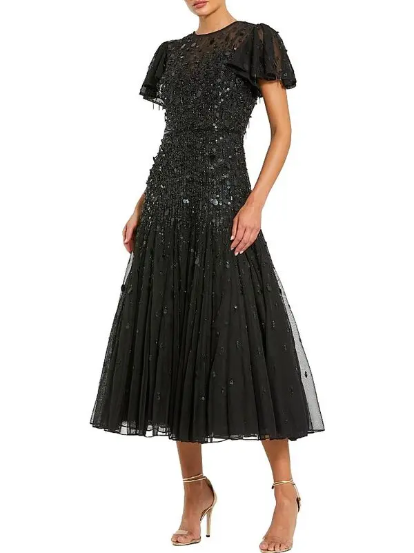 Mac Duggal Flutter Sleeve Embellished Tea Length Dress - Black