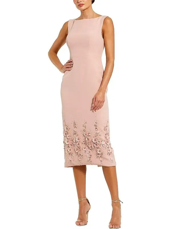 Mac Duggal Crepe Sleeveless Midi Dress With Flower Beading - Rose Pink