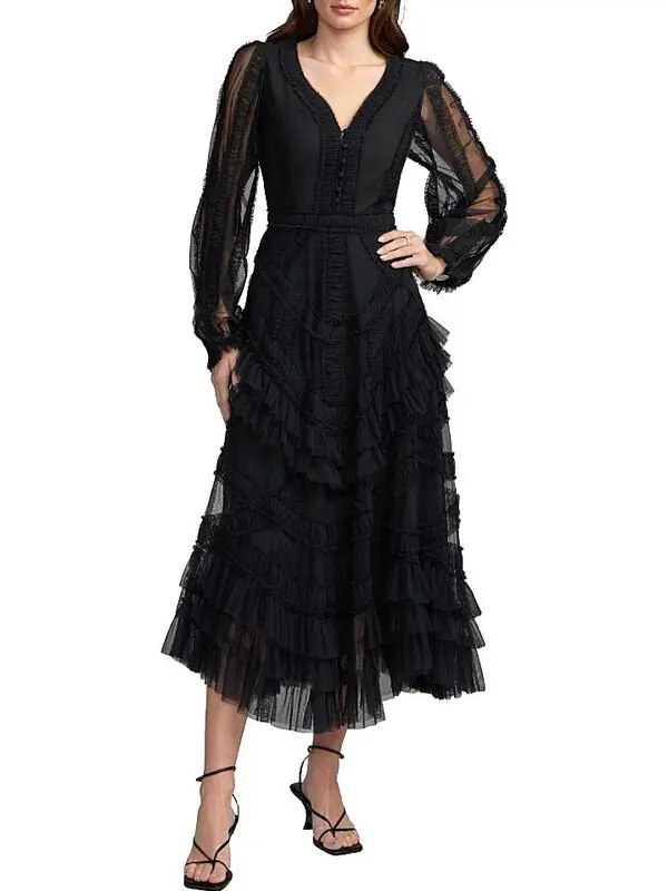 Mac Duggal Long Sleeve V-neck Micro Ruffle Midi Dress - Black