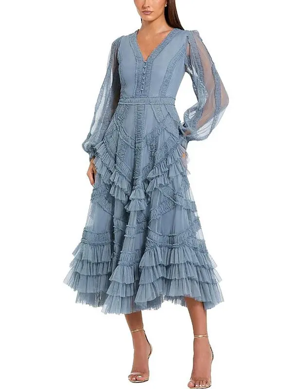 Mac Duggal Long Sleeve V-neck Micro Ruffle Midi Dress - Slate Blue