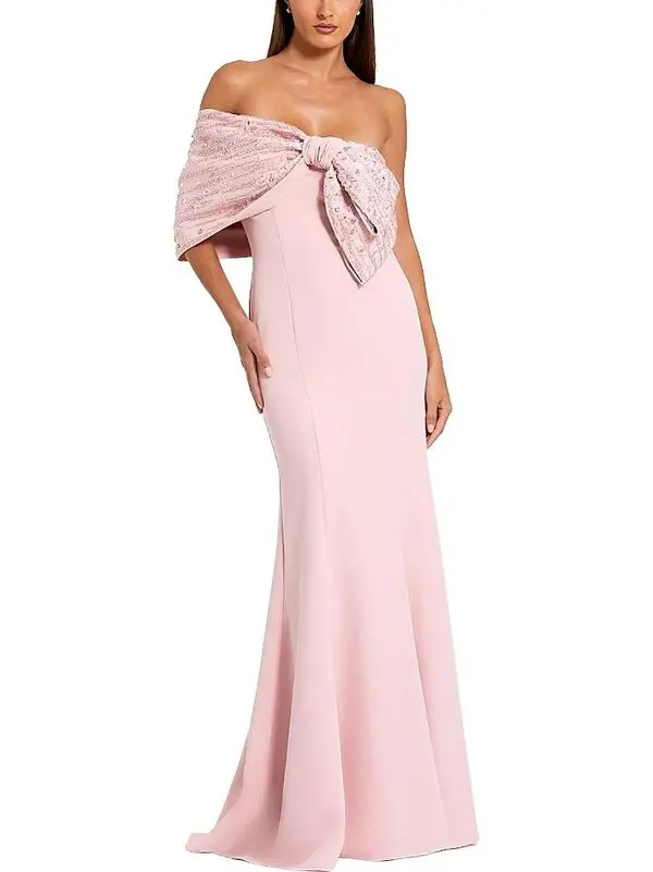 Mac Duggal Off-the-shoulder Satin Mermaid Gown With Beaded Bow Detail - Blush