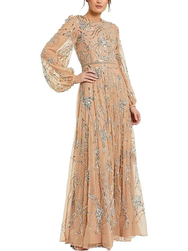 Mac Duggal Embellished High Neck Puff Sleeve Gown - Nude Silver
