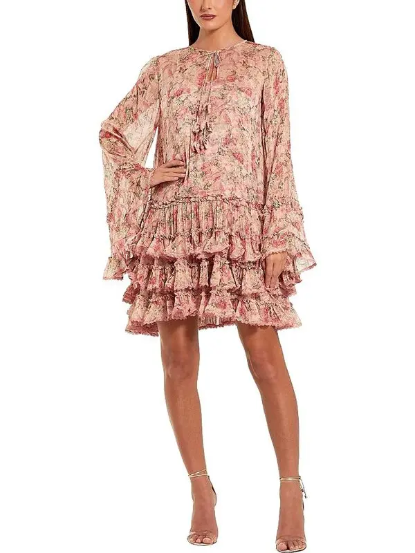 Mac Duggal Flare Long Sleeve Ruffle Viscose Mini Dress - Pink Multi