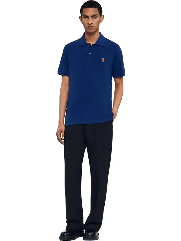 Sandro Polo Shirt With Leather Logo - Navy Blue