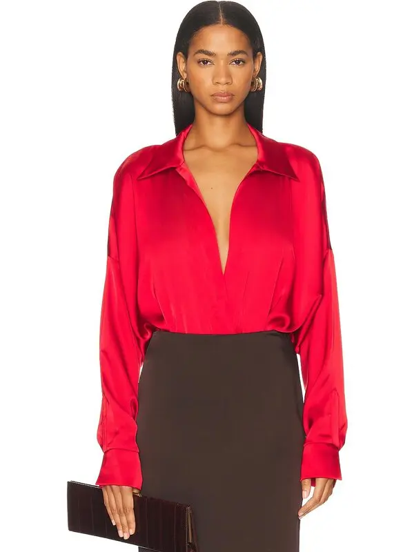 Norma Kamali Super Oversized Boyfriend Shirt Bodysuit - Tiger Red