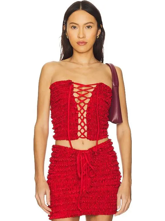 AMOR MIA Ruffled Top With Lace-up Detail - Red