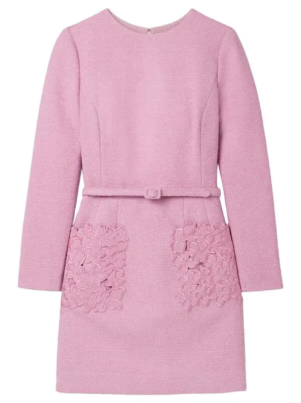 Oscar De La Renta Belted Embroidered Cotton-blend Bouclé-tweed Mini Dress - Pink