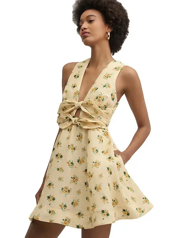 LOVAAN Delilah Linen Silk Bow Mini Dress - Floral Bunch