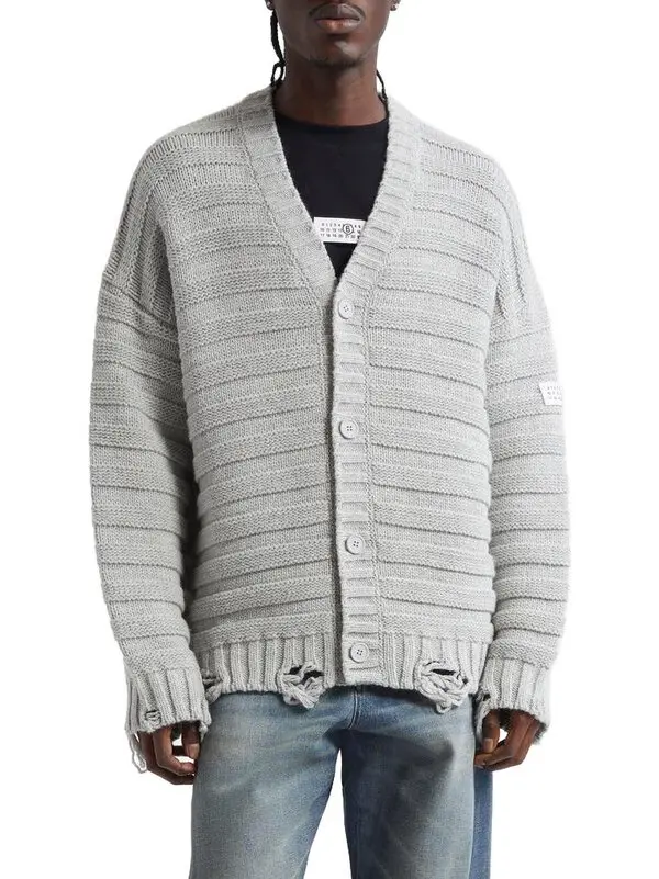 MAISON MARGIELA Distressed Virgin Wool-blend V-neck Cardigan - Light Grey Melange