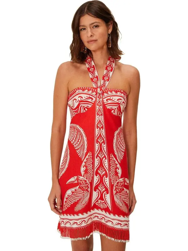 Farm Rio Majestic Coconut Tree Premium Linen Mini Dress - Majestic Coconut Tree Red