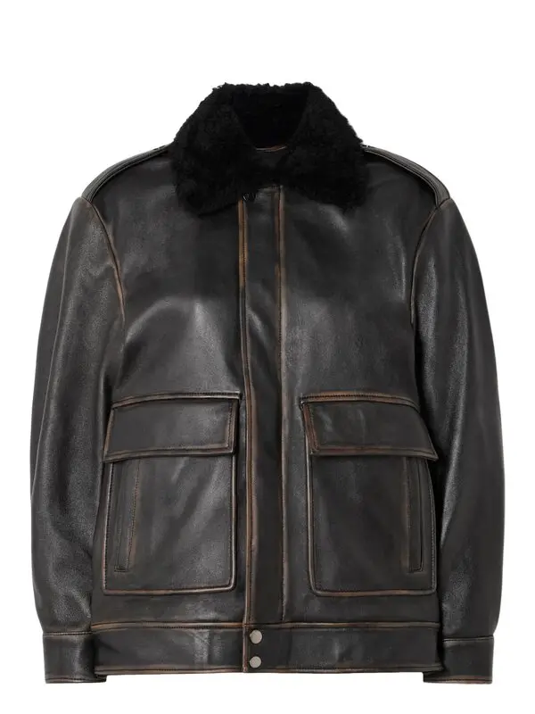 Nour Hammour Drey Distressed Shearling-trimmed Leather Jacket - Black