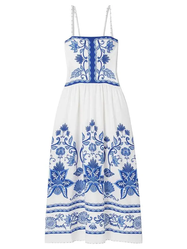 Farm Rio Bead-embellished Printed Linen-blend Midi Dress - White