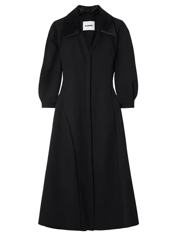 JIL SANDER Asymmetric Satin-trimmed Wool-twill Midi Shirt Dress - Black