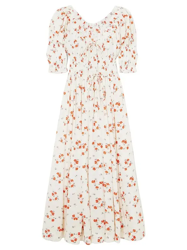 DÔEN Ischia Shirred Floral-print Organic Cotton-blend Voile Midi Dress - White