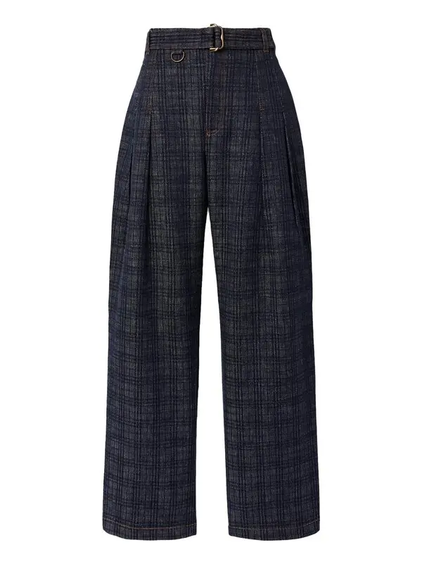 Burberry Belted Pleated Cotton-tweed Wide-leg Trousers - Blue