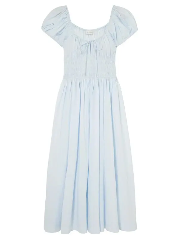 DÔEN Quinn Tie-detailed Shirred Midi Dress - Blue