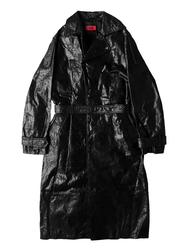 424 Belted Leather Trench Coat - Black