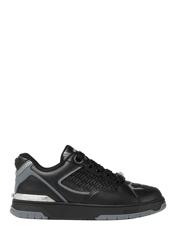 Versace Biggie Basket Leather Low Top Sneakers - Black+silver