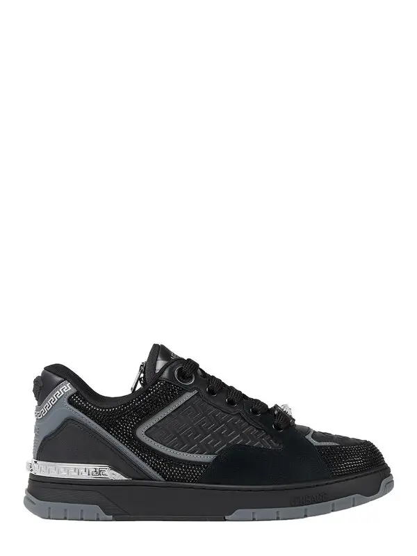 Versace Biggie Basket Embellished Leather Sneakers - Black+silver