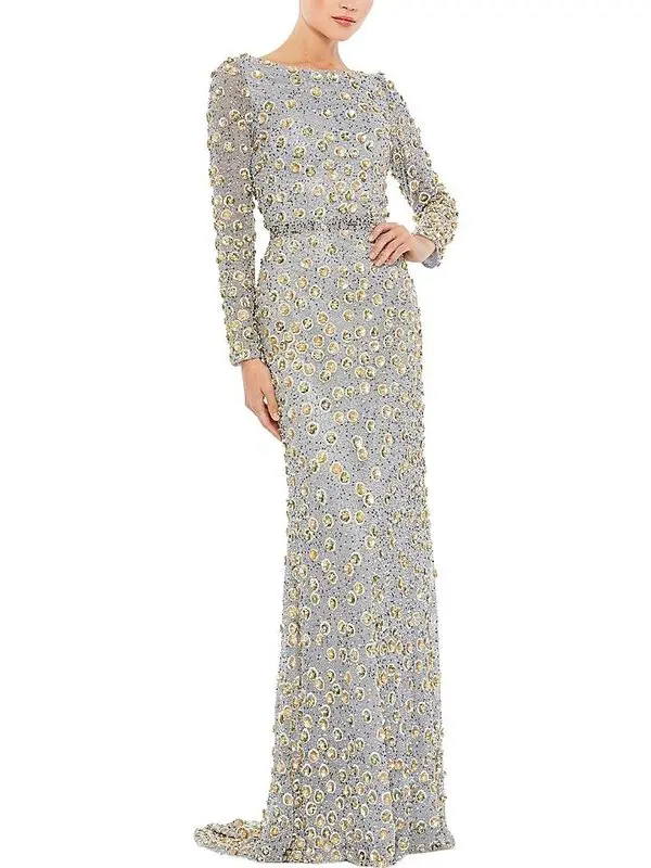 Mac Duggal Embellished Long Sleeve High Neck Gown - Platinum Gold