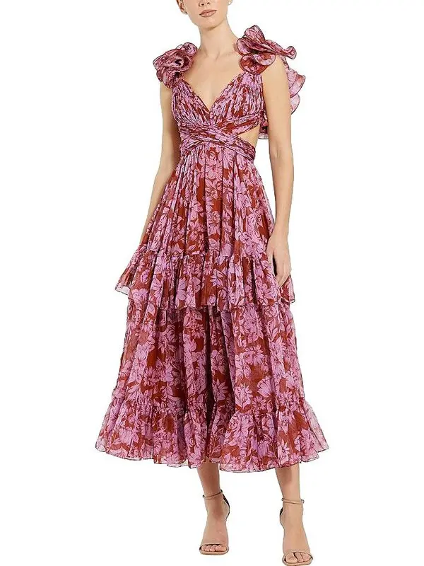 Mac Duggal Floral Ruffle Tiered Cut-out Chiffon Dress - Red Multi