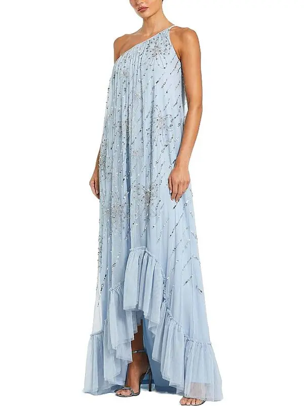 Mac Duggal Bow Embellished Mesh One-shoulder High-low Gown - Powder Blue