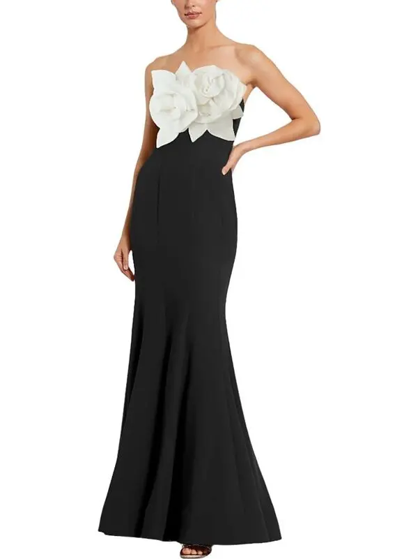 Mac Duggal Crepe Strapless Mermaid Gown With 3d Flowers - Black Ivory
