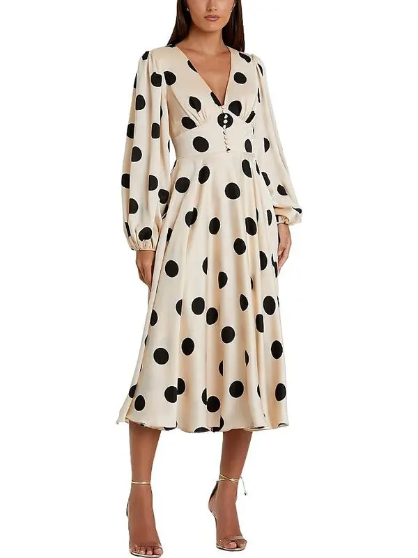 Mac Duggal Polka Dot Charmeuse V-neck Midi Dress - Cream Black