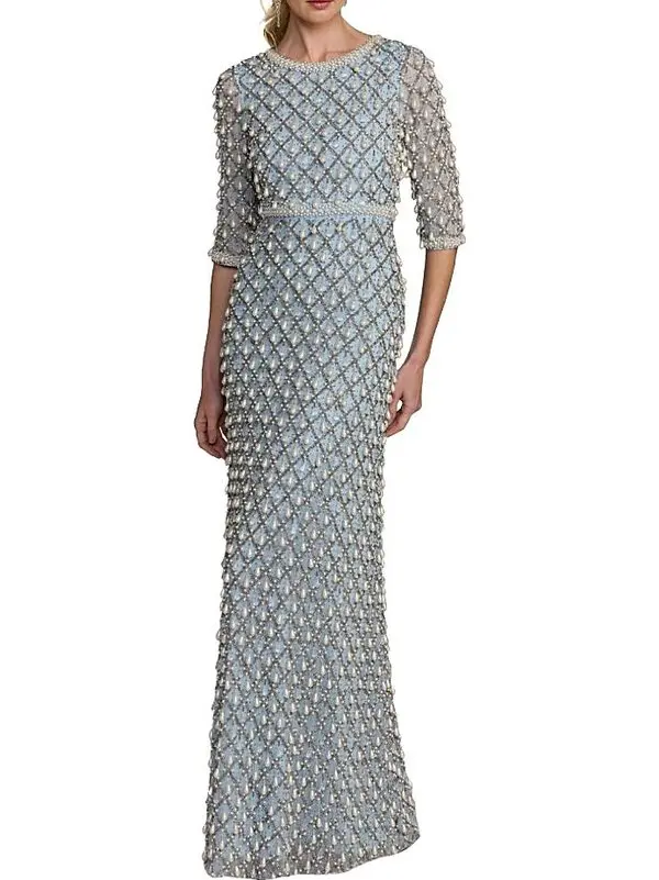 Mac Duggal 3/4 Sleeve Pearl Embellished Mesh Gown - Vintage Blue