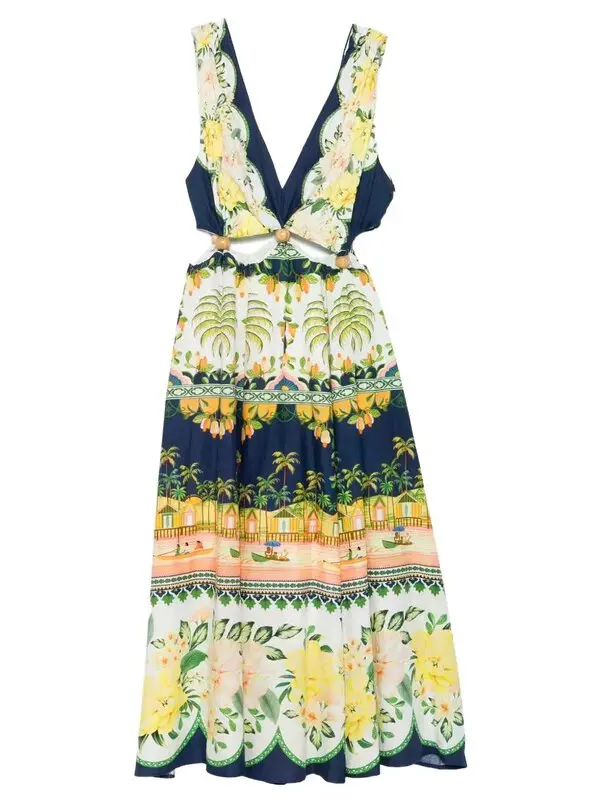 Farm Rio Floral Cut-out Midi Dress - Blue