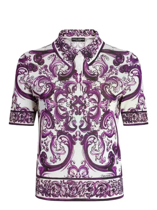 Dolce & Gabbana Majolica-print Silk Polo Top - White