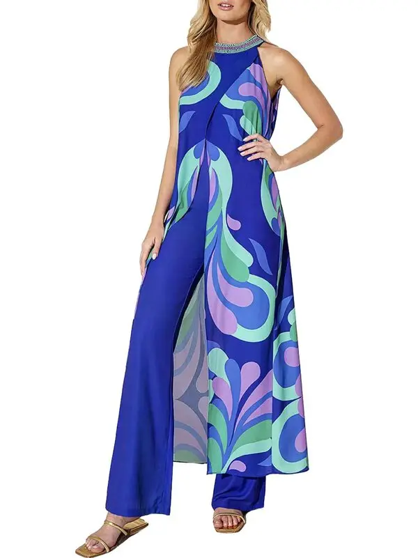 ALLURE Beaded-neckline Sleeveless Top - Blue