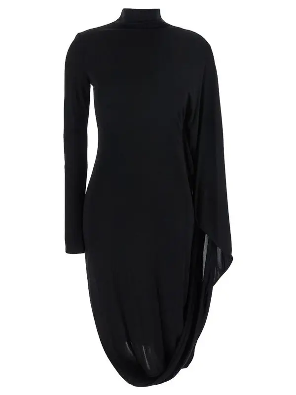 Stella McCartney Asymmetric Midi Dress With High Neck And Cape Sleeve - Black