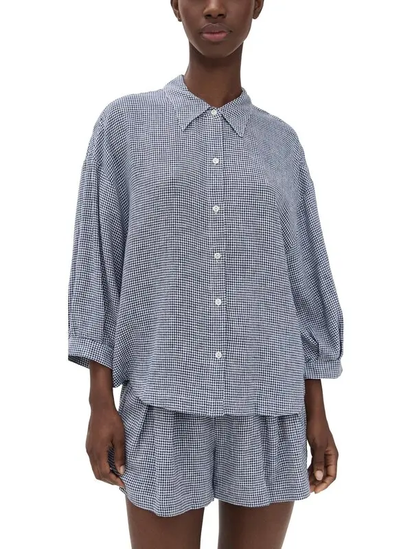 Eberjey Linen Blend Relaxed Sleeve Top - Gingham White/navy