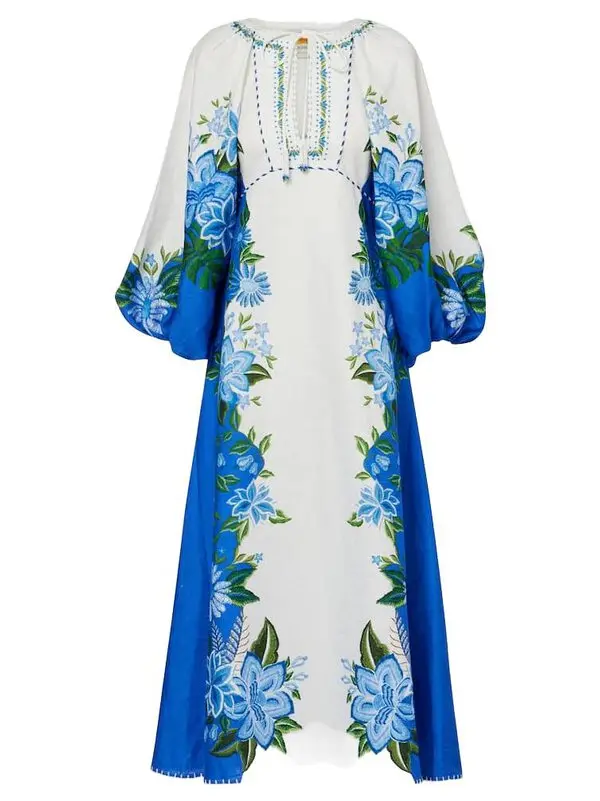 Farm Rio Printed Puff-sleeve Linen Maxi Dress - Multicoloured