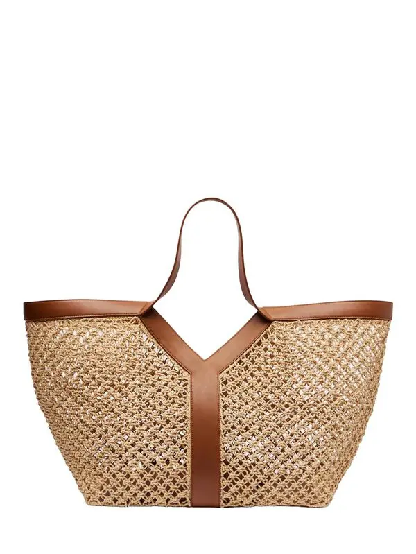 Saint Laurent Raffia Shopper With Leather Trim - Neutrals