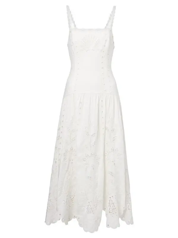 Farm Rio Broderie Anglaise Linen-blend Midi Dress - White