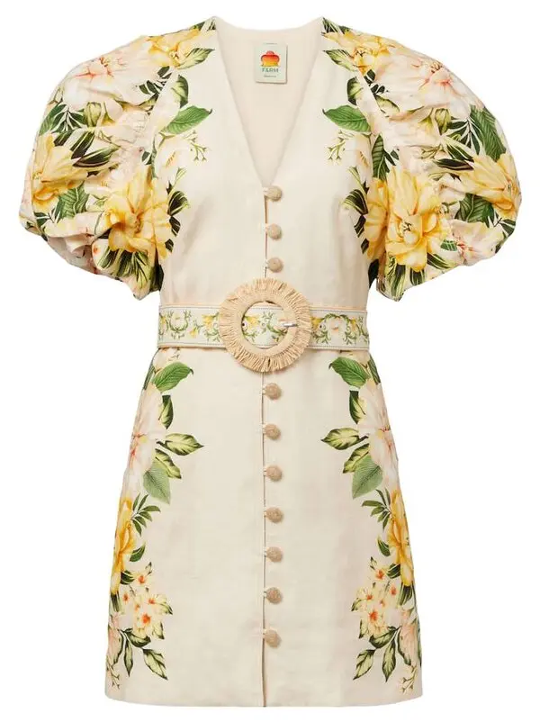 Farm Rio Floral Linen Mini Dress - Beige