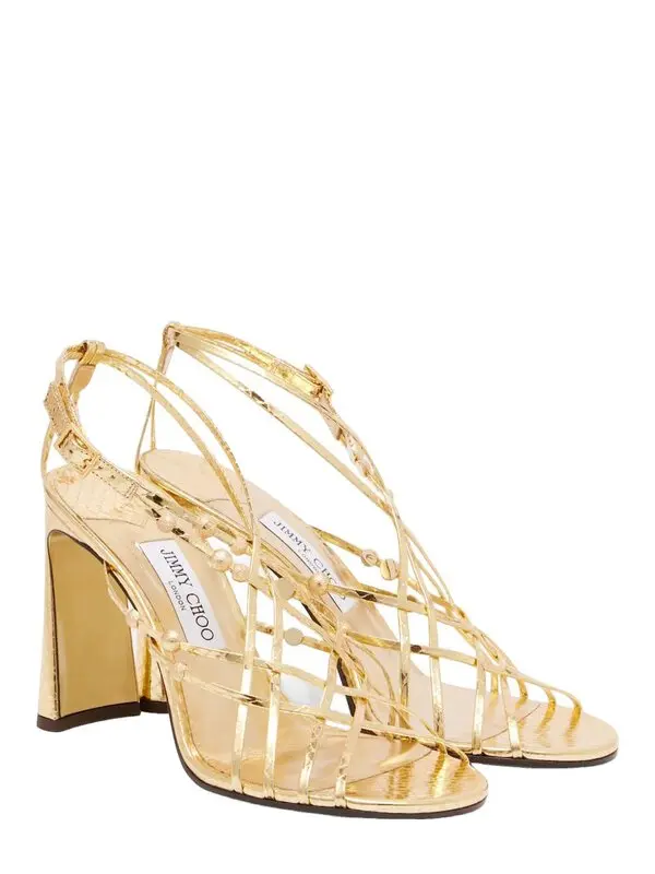 JIMMY CHOO Felice 95 Beaded Metallic Leather Sandals - Gold