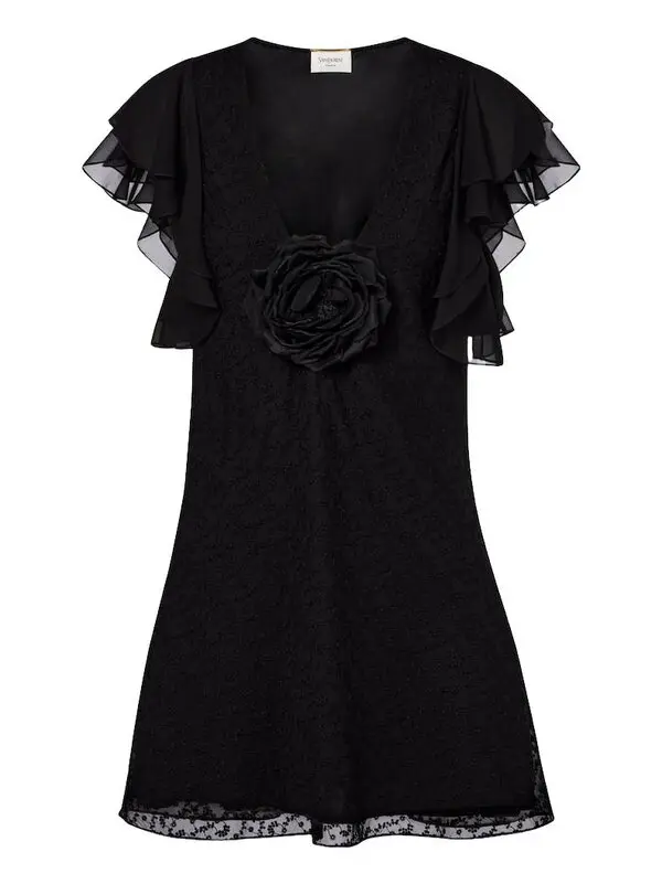 Saint Laurent Floral-appliqué Embroidered Minidress - Black