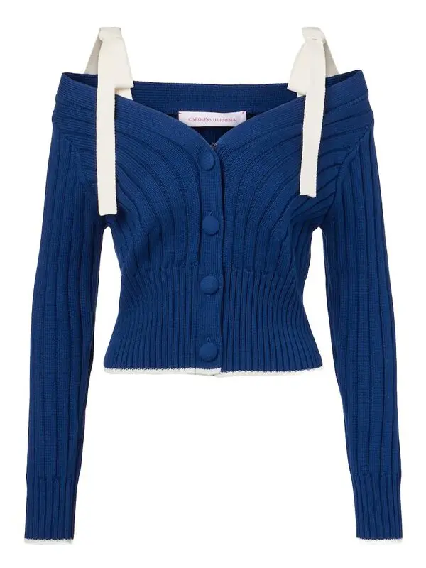 Carolina Herrera Bow-detail Cotton And Wool Cardigan - Blue