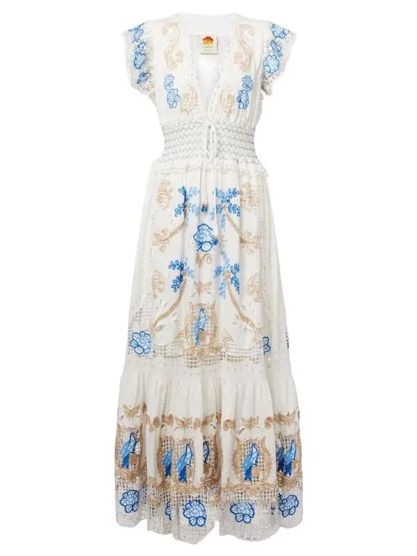 Farm Rio Embroidered Linen-blend Maxi Dress - White