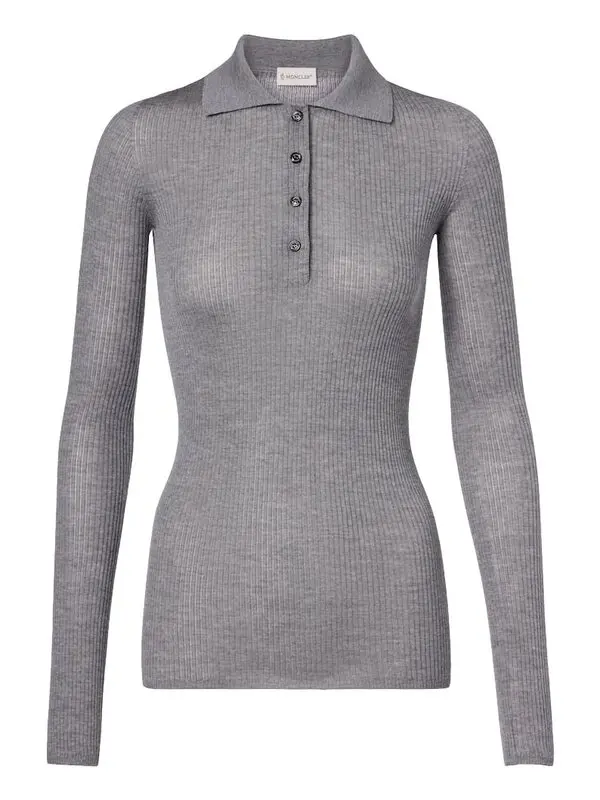 Moncler Ribbed-knit Wool Polo Shirt - Grey