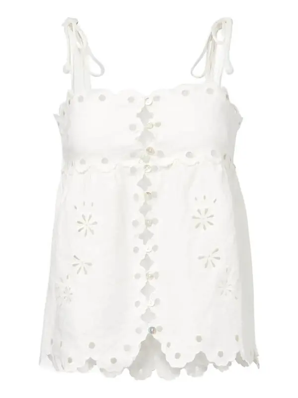 Farm Rio Embroidered Cutout Linen Top - White