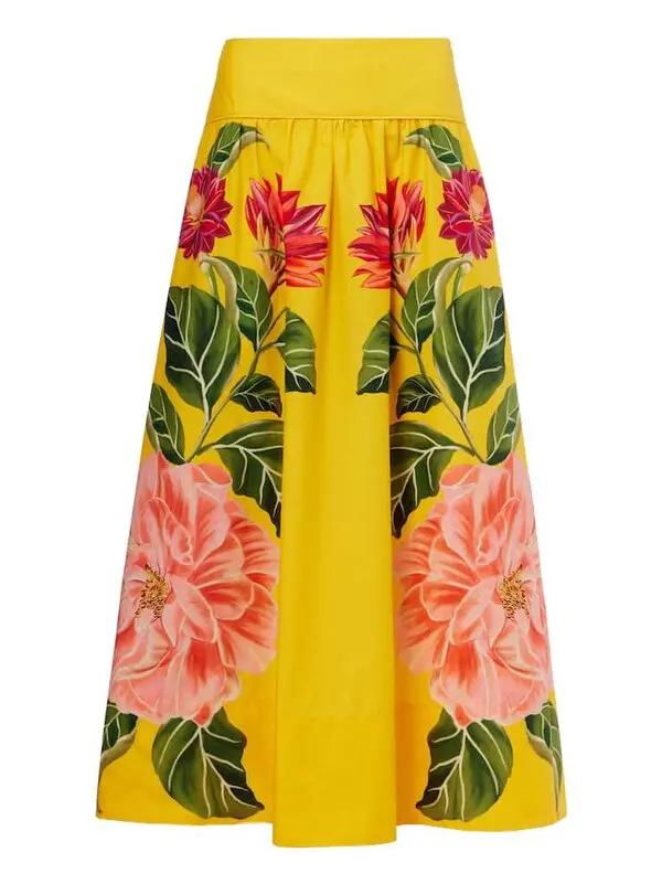 Farm Rio Spring Awakening Floral Cotton Midi Skirt - Yellow