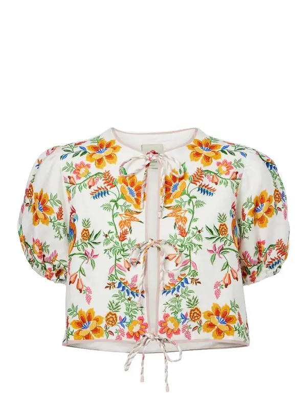 Farm Rio Floral Puff-sleeve Linen Blouse - Multicoloured