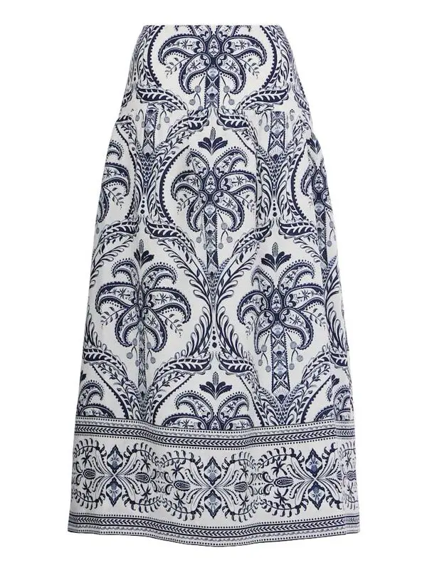 Farm Rio Tropical Cameo Printed Linen Midi Skirt - Blue